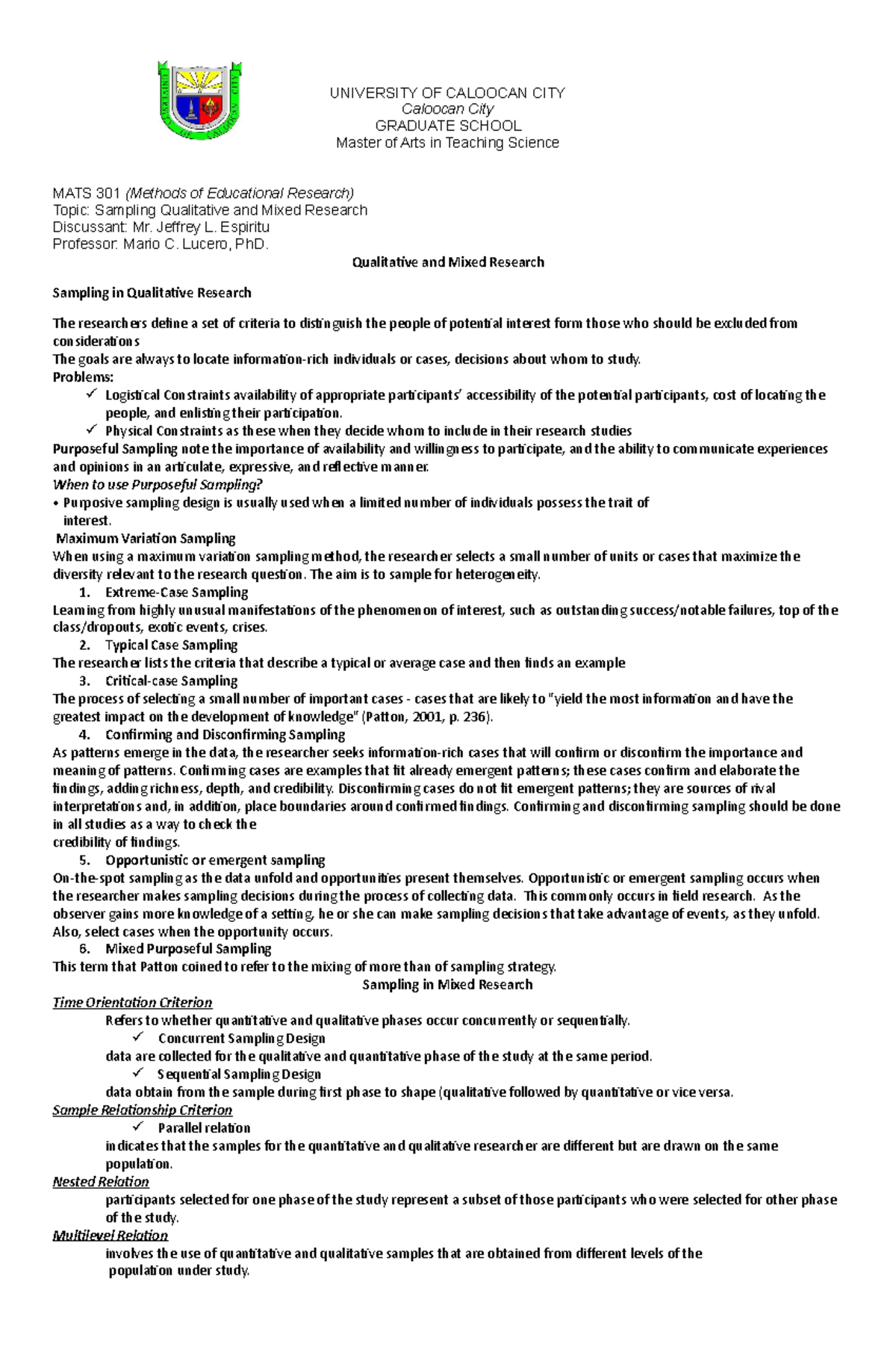 Qualitative and Mixed Research - UNIVERSITY OF CALOOCAN CITY Caloocan ...