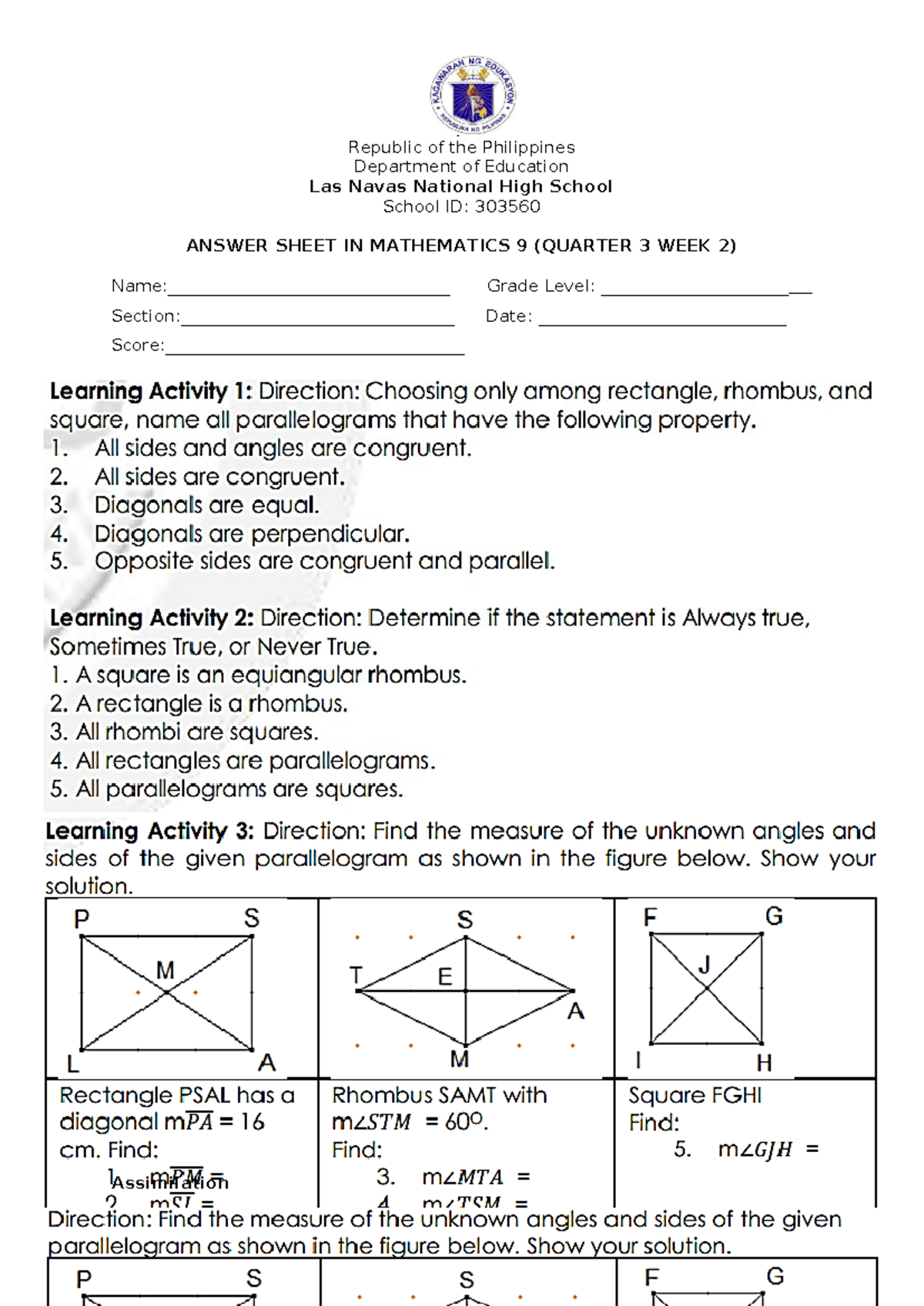 Answer sheet math 9 week 2 - Bachelor in Secondary Education - p ...