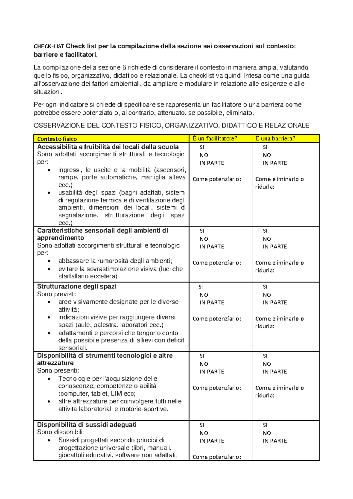 II Grado Ordinario Checklist Osservazioni sul contesto barriere e ...