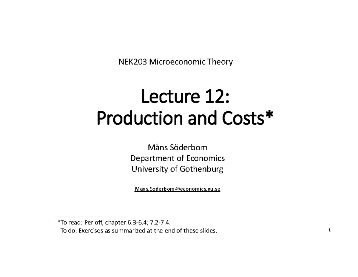 Lecture 12 Production and cost-2 - Lecture 12: Production and Costs ...