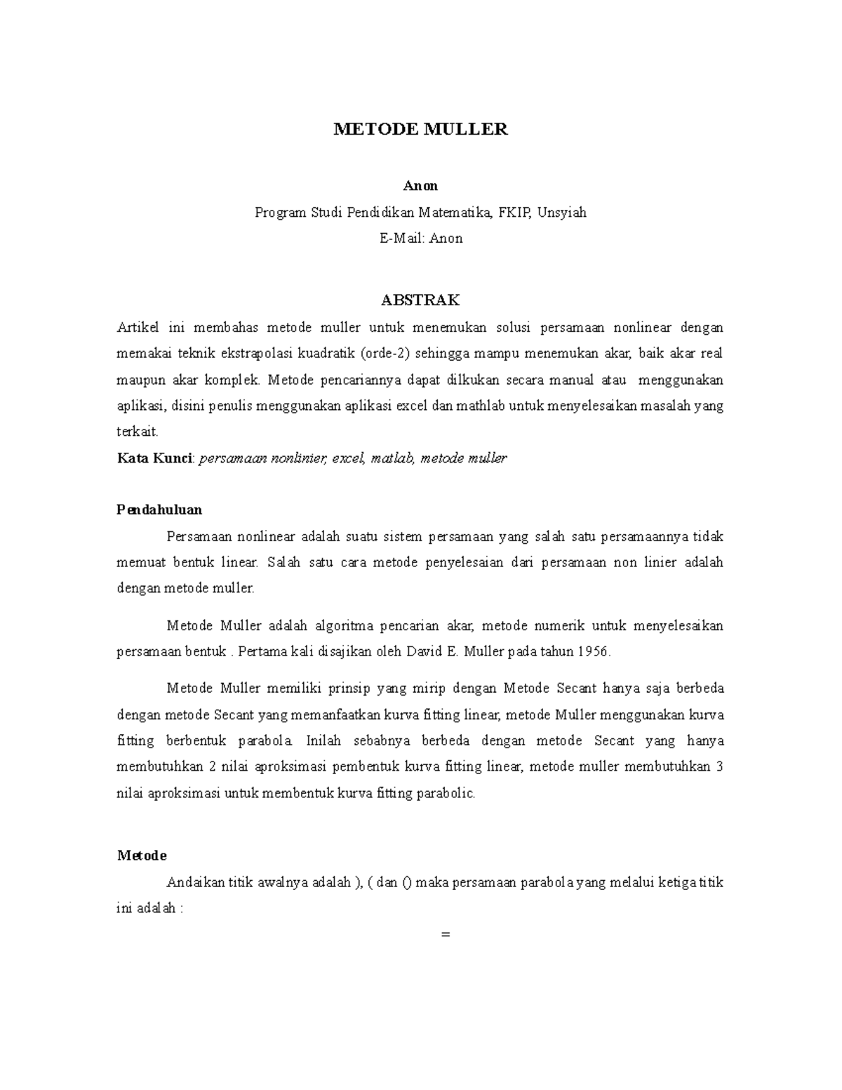 Metode Numerik - Metode Muller - METODE MULLER Anon Program Studi Pendidikan Matematika, FKIP ...