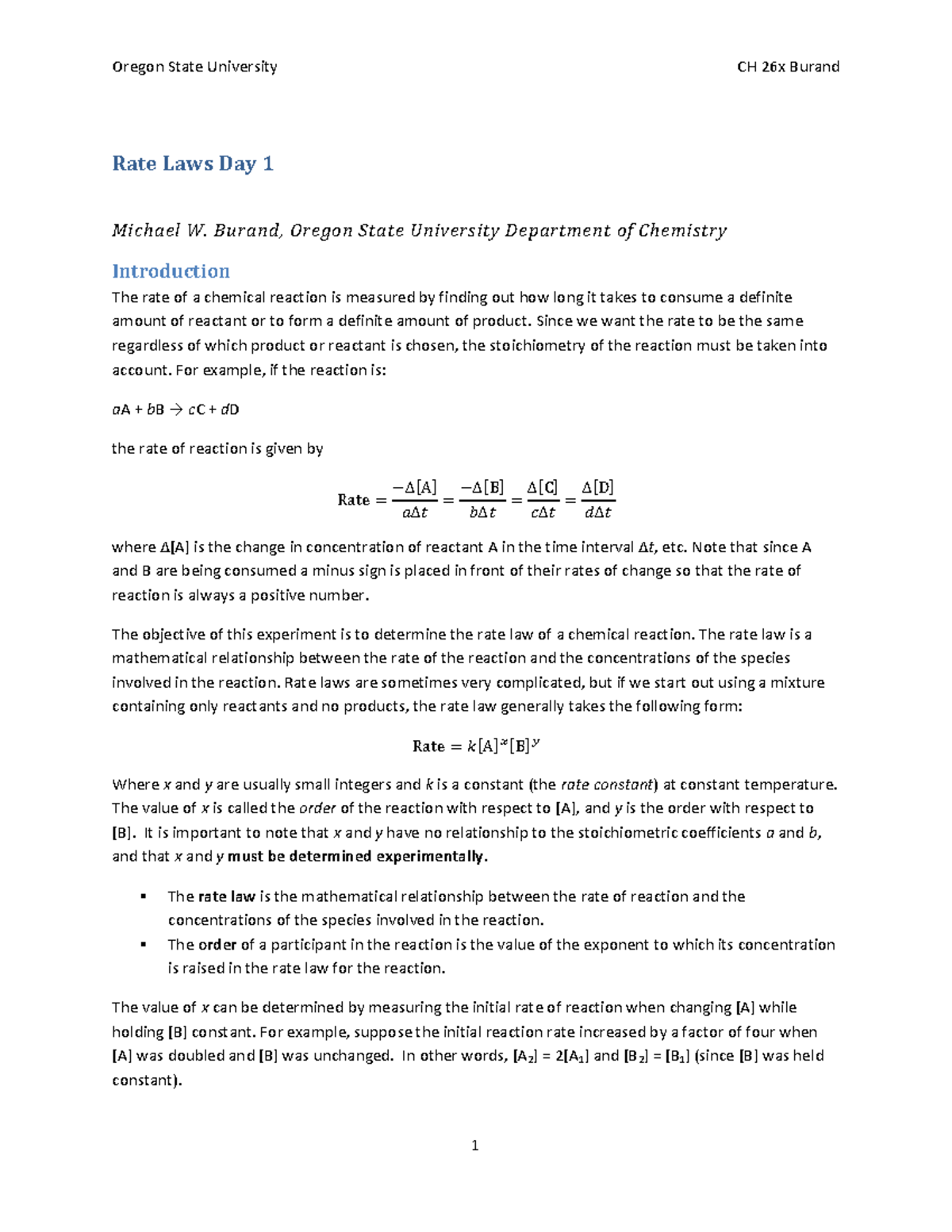 CH 26x RL Day 1 Burand V8 - Rate Laws Day 1 Michael W. Burand, O regon ...