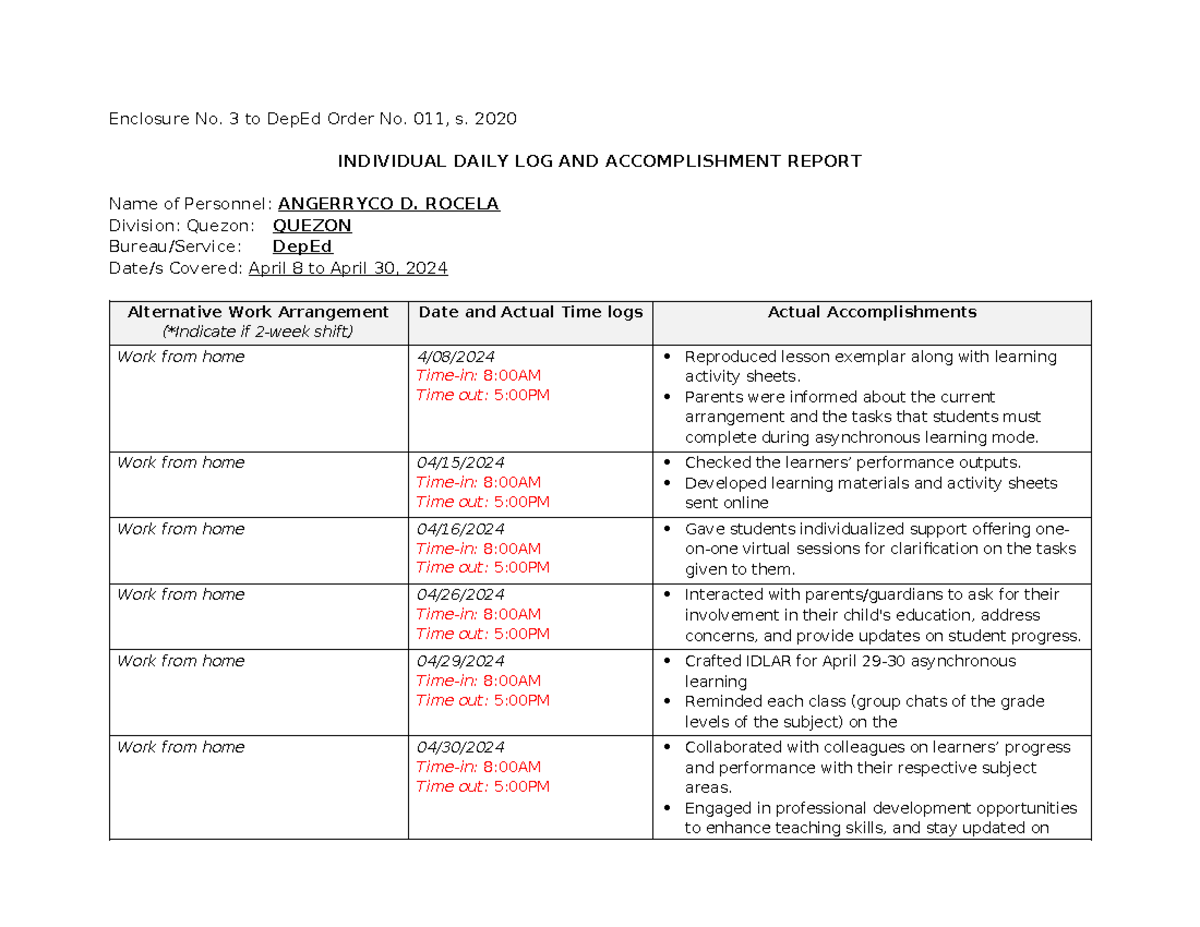 Aplnhs Individual daily log and accomlishment report - Enclosure No. 3 ...
