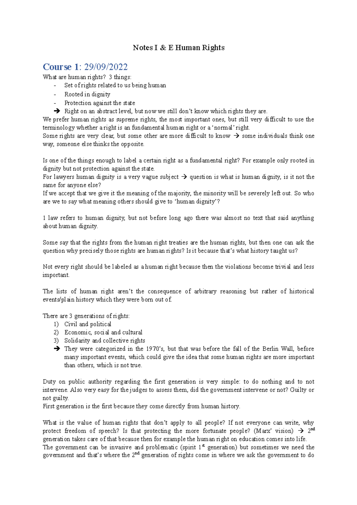 Notes I and E Human Rights - Notes I & E Human Rights Course 1: 29/09 ...