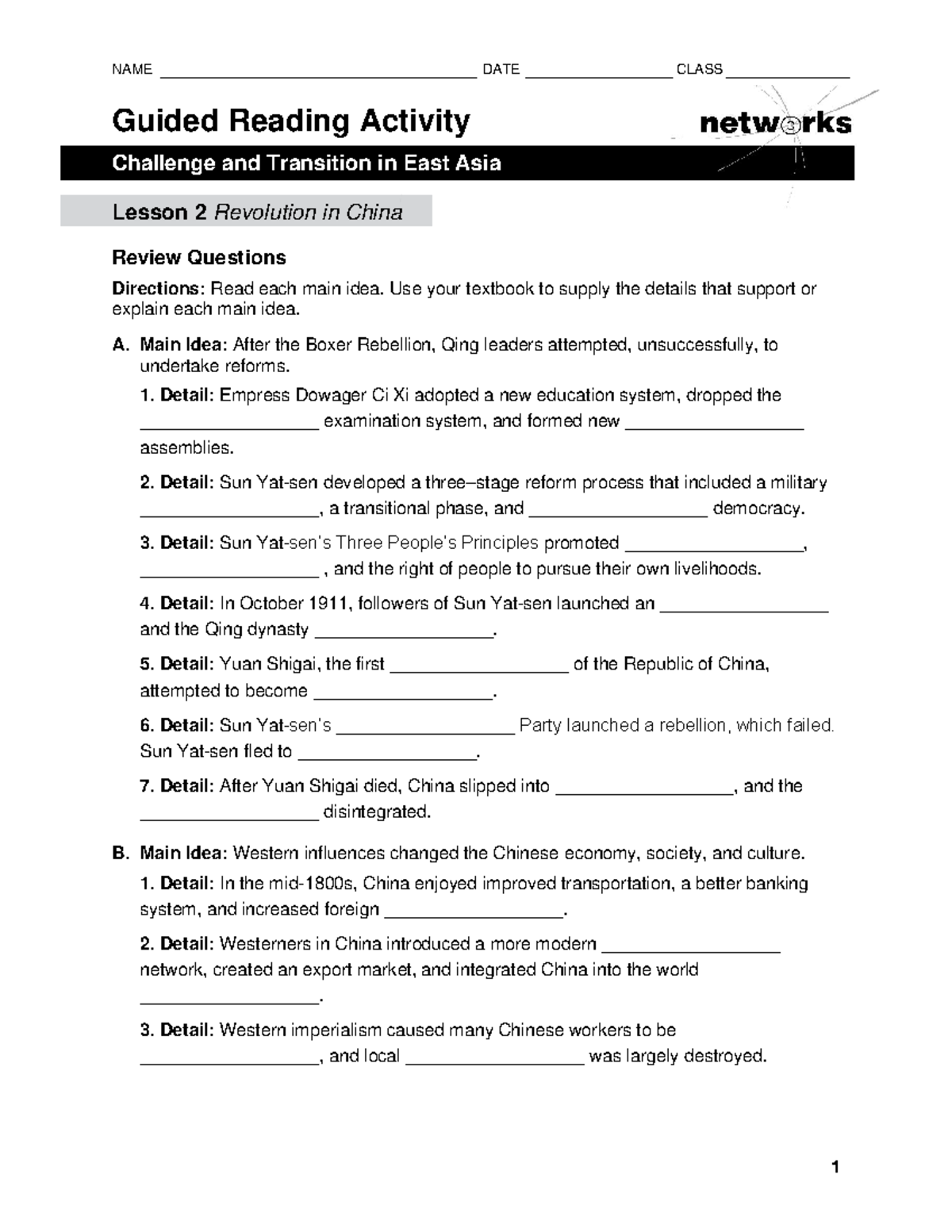 Lesson 2 GRA - idk - 1 NAME DATE CLASS Guided Reading Activity ...