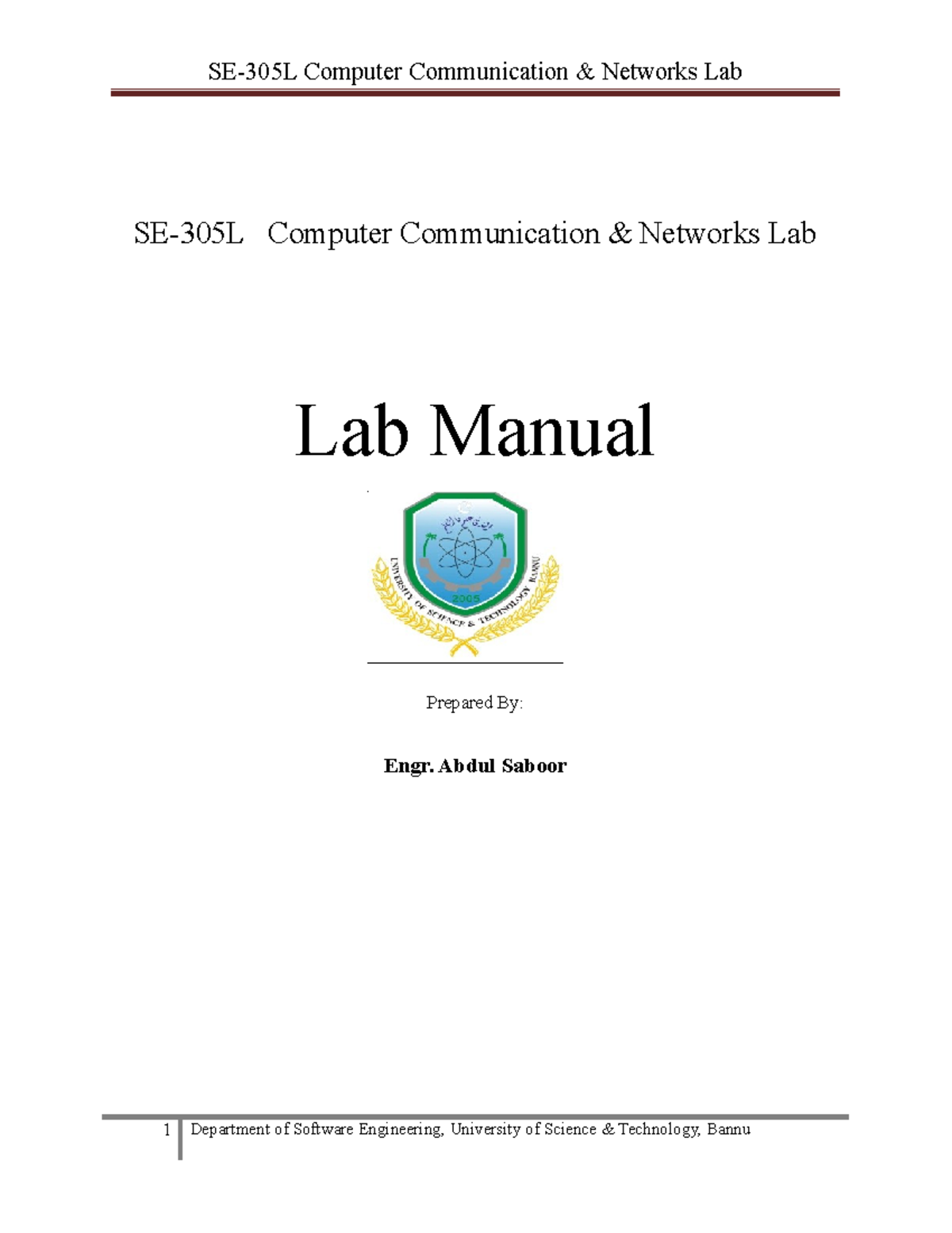 SE-305L CC&N Lab Manual - SE-305L Computer Communication & Networks Lab Lab Manual Prepared By ...