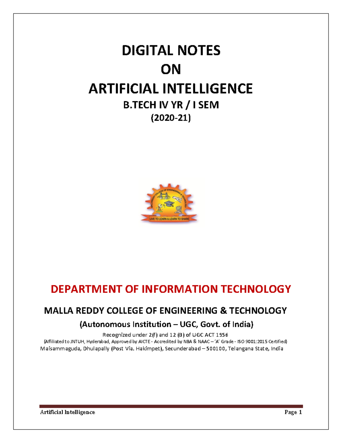 (R17A1204) Artificial Intelligence - DIGITAL NOTES ON ARTIFICIAL ...