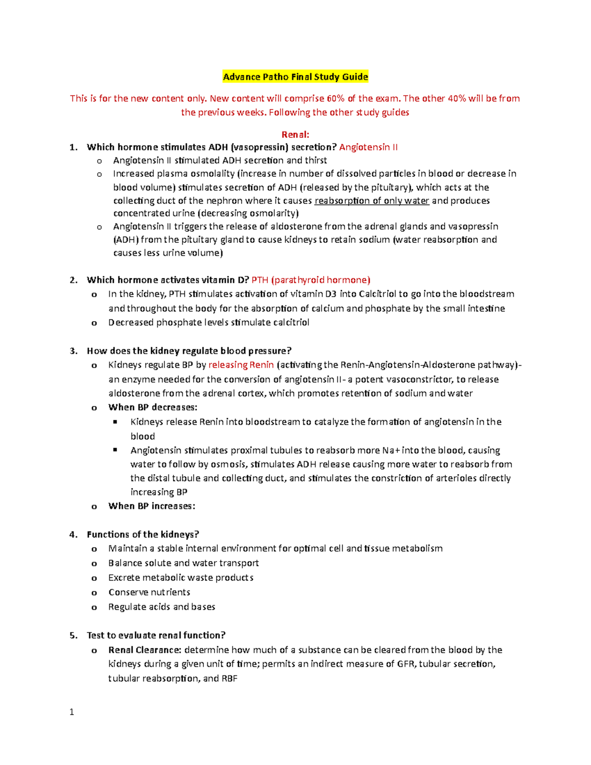 Advance Patho Final Study Guide - New content will comprise 60% of the ...