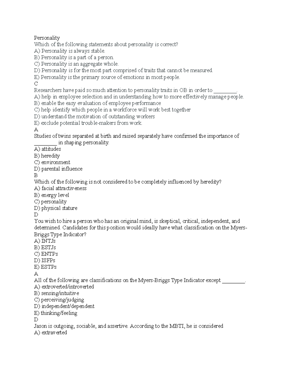 Exam 12 June 2016, questions and answers - Personality Which of the ...