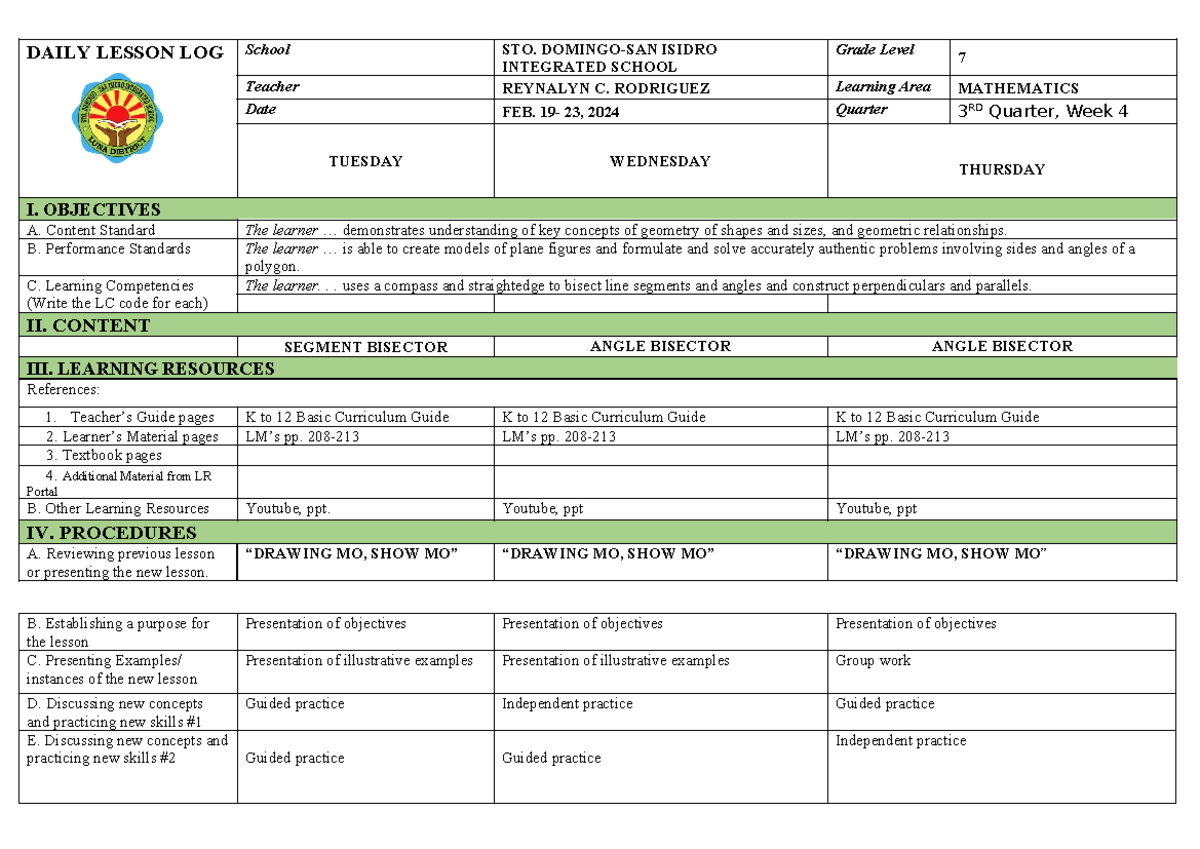 MAT H 7 Q3 WEEK 4 - dll in math 7 q3 - DAILY LESSON LOG School STO ...