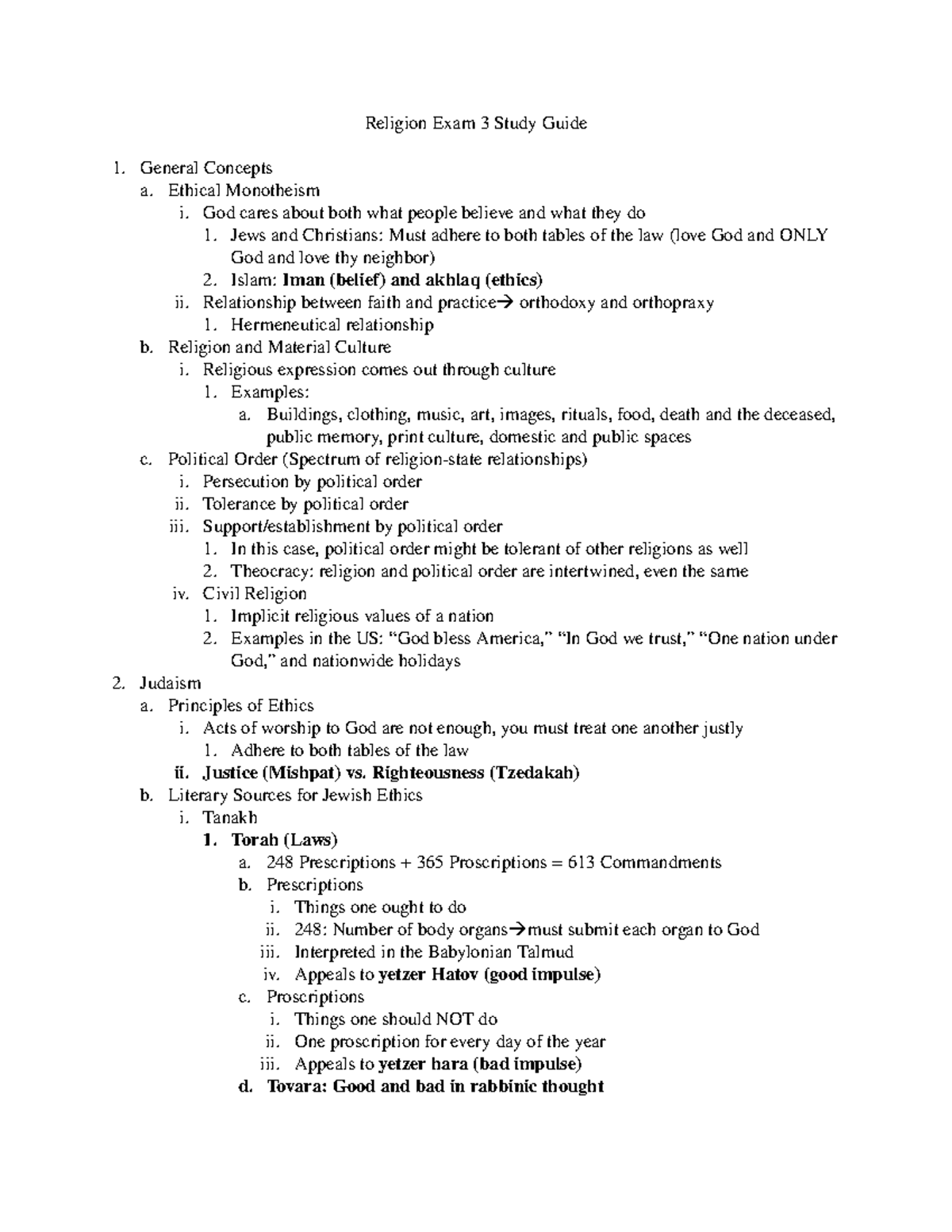 Religion Exam 3 Study Guide - Religion Exam 3 Study Guide 1 Concepts a ...