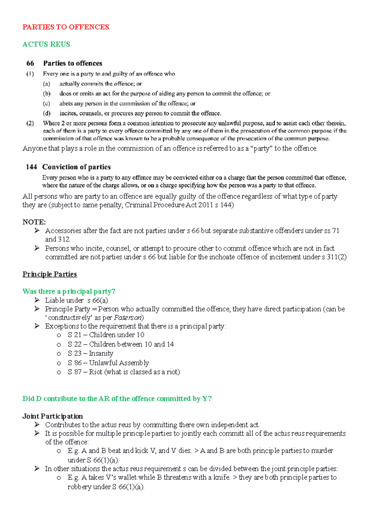 Parties to Offences Summaries - PARTIES TO OFFENCES ACTUS REUS Anyone that plays a role in the ...