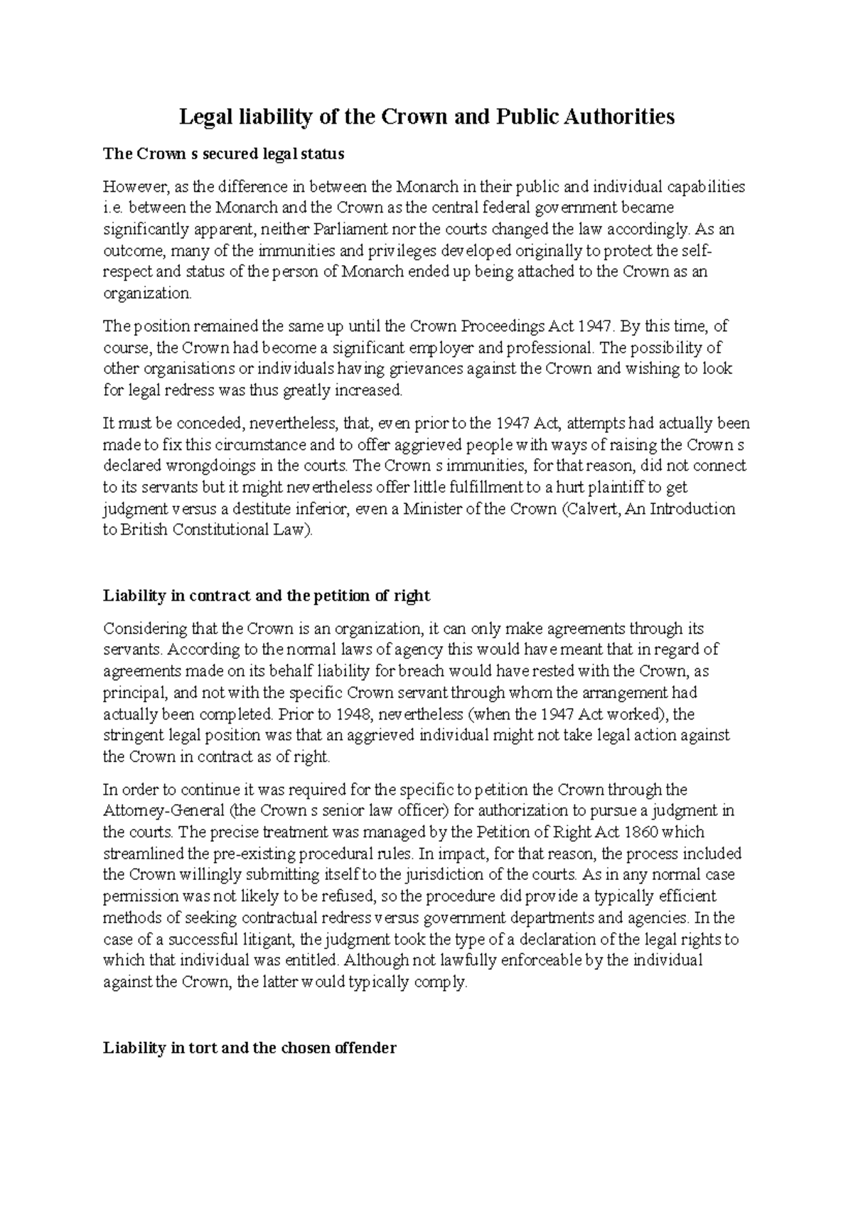 Legal liability of the Crown and Public Authorities - between the ...