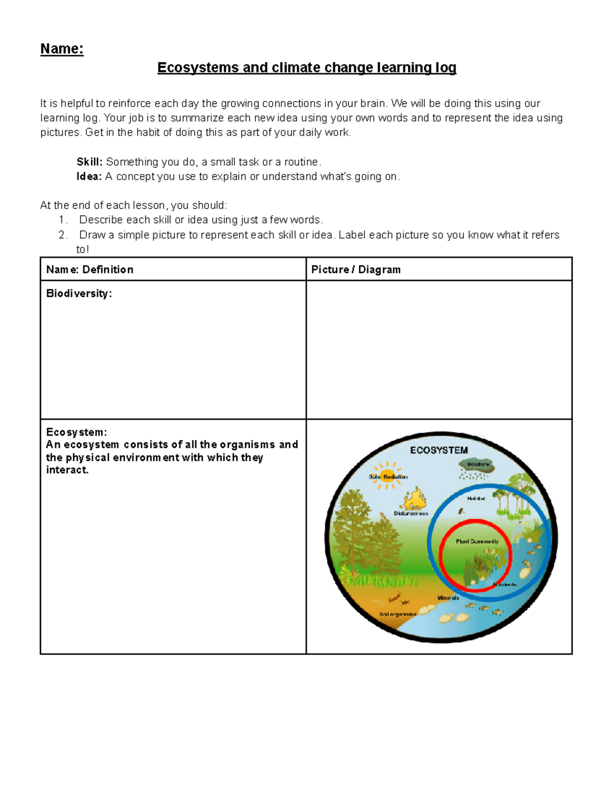 Ecology Learning Log - Name: Ecosystems and climate change learning log ...