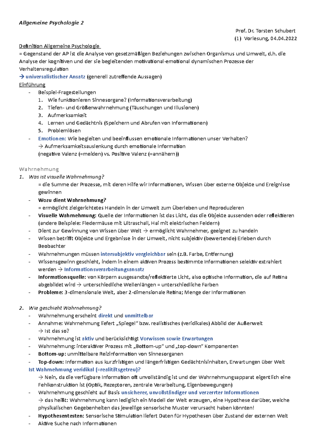 Allgemeine Psychologie 2 Skript - Allgemeine Psychologie 2 Prof. Dr. Torsten Schubert (1 ...