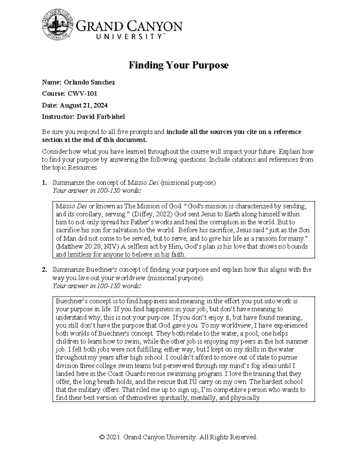 CWV 101 301 RS T7 T8Finding Your Purpose 3 - Finding Your Purpose Name ...