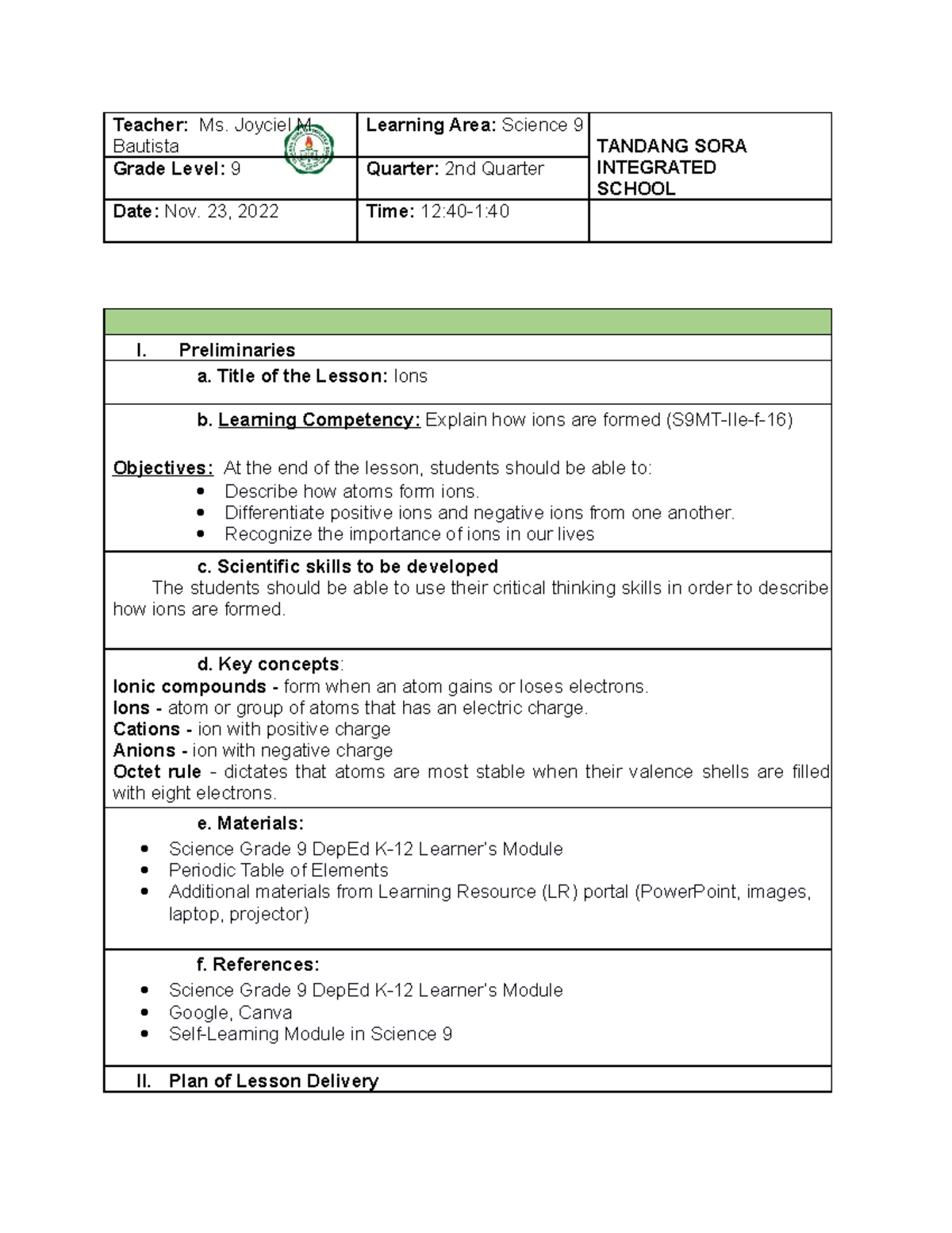 Bautista DLP IONS - Education - I. Preliminaries a. Title of the Lesson ...