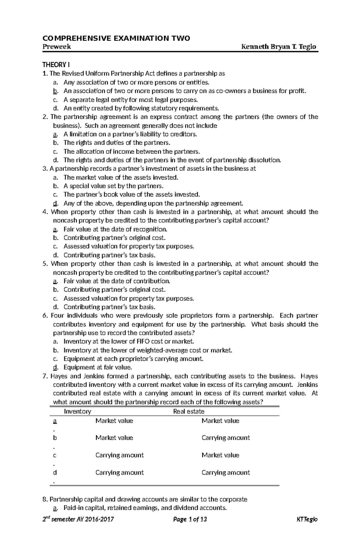 Comprehensive Examinations 2 Part I - COMPREHENSIVE EXAMINATION TWO ...