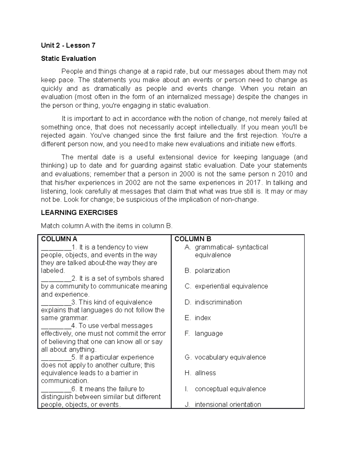 Unit 2 Static Evaluation - Unit 2 - Lesson 7 Static Evaluation People ...