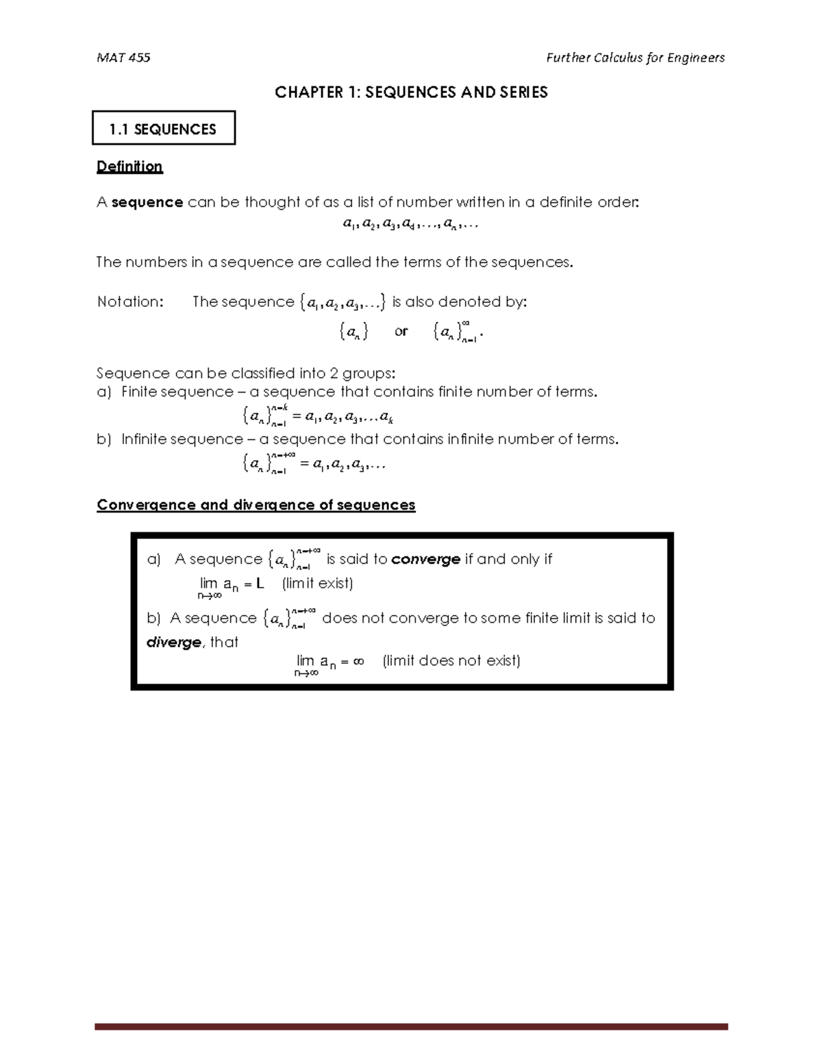 MAT455 Chapter 1 - Lecture notes 1 - CHAPTER 1: SEQUENCES AND SERIES 1 ...