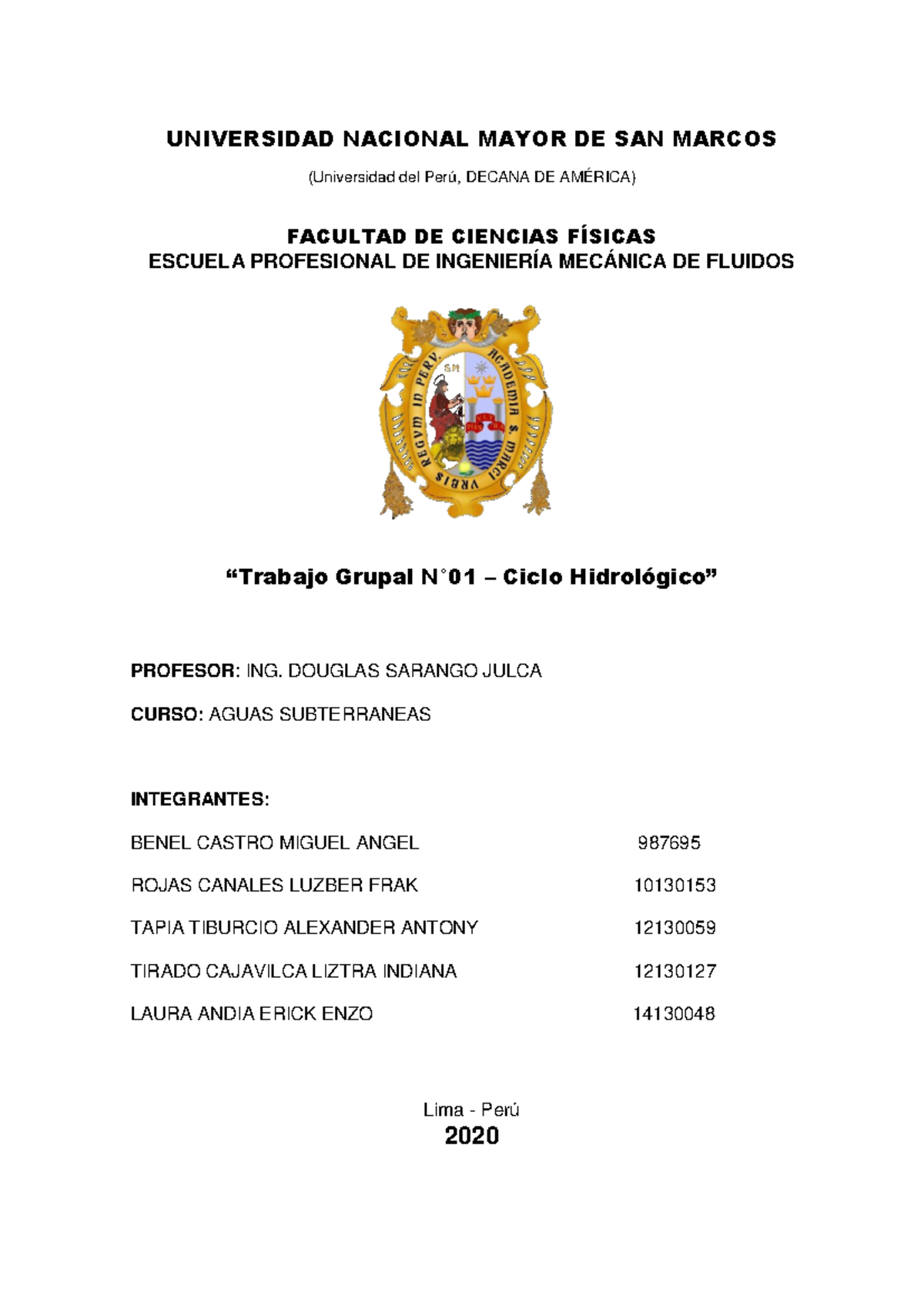 Trabajo Grupal 01 - Aguas Subterraneas - Warning: TT: undefined function: 32 UNIVERSIDAD ...