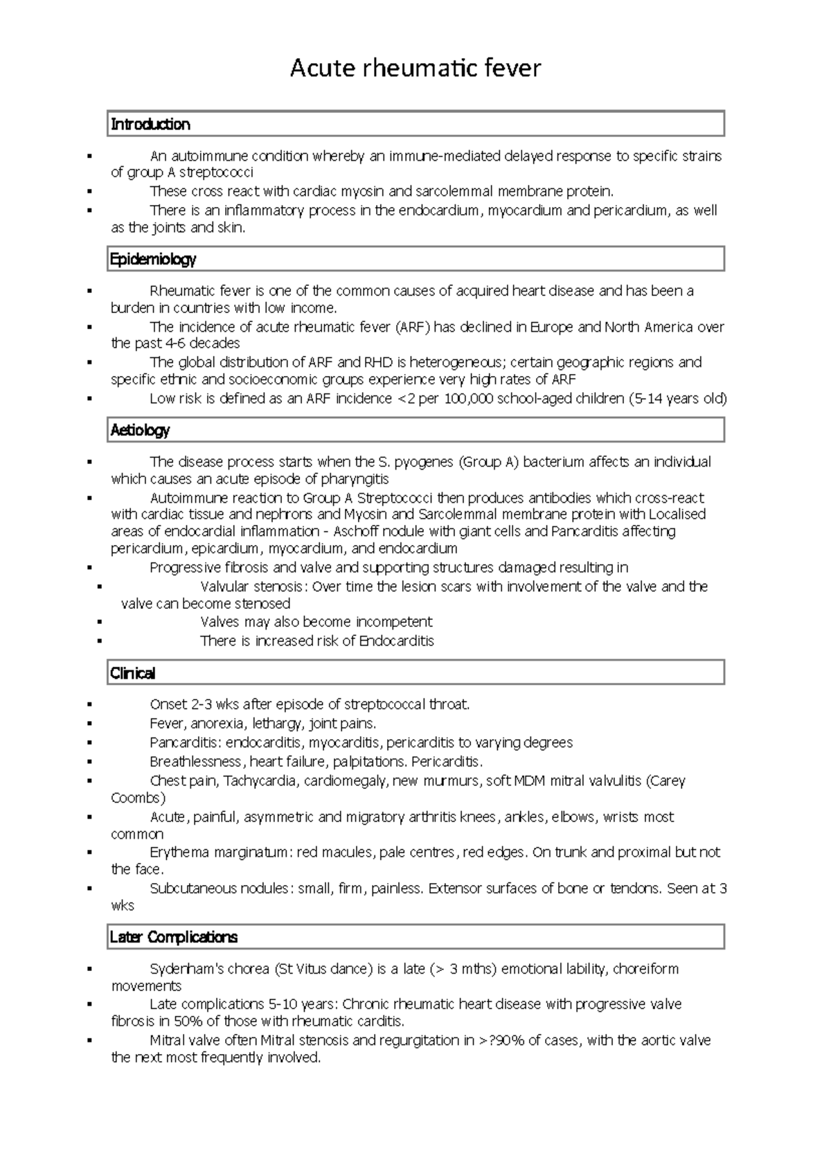 Acute rheumatic fever - Lecture notes 1 - Acute rheumatic fever ...