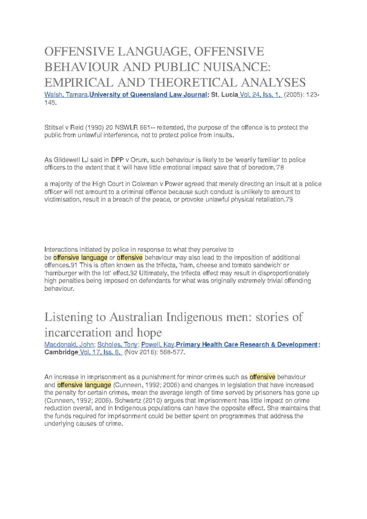 Offensive Language Notes (summary of journal articles) - OFFENSIVE ...