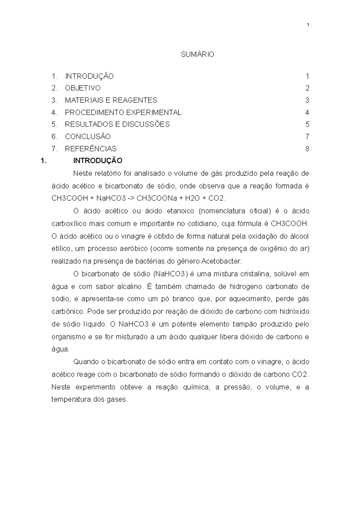 Relatório DE QUÍMICA SOBRE EXPERIMENTOS REALIZADOS - SUMÁRIO 1 ...