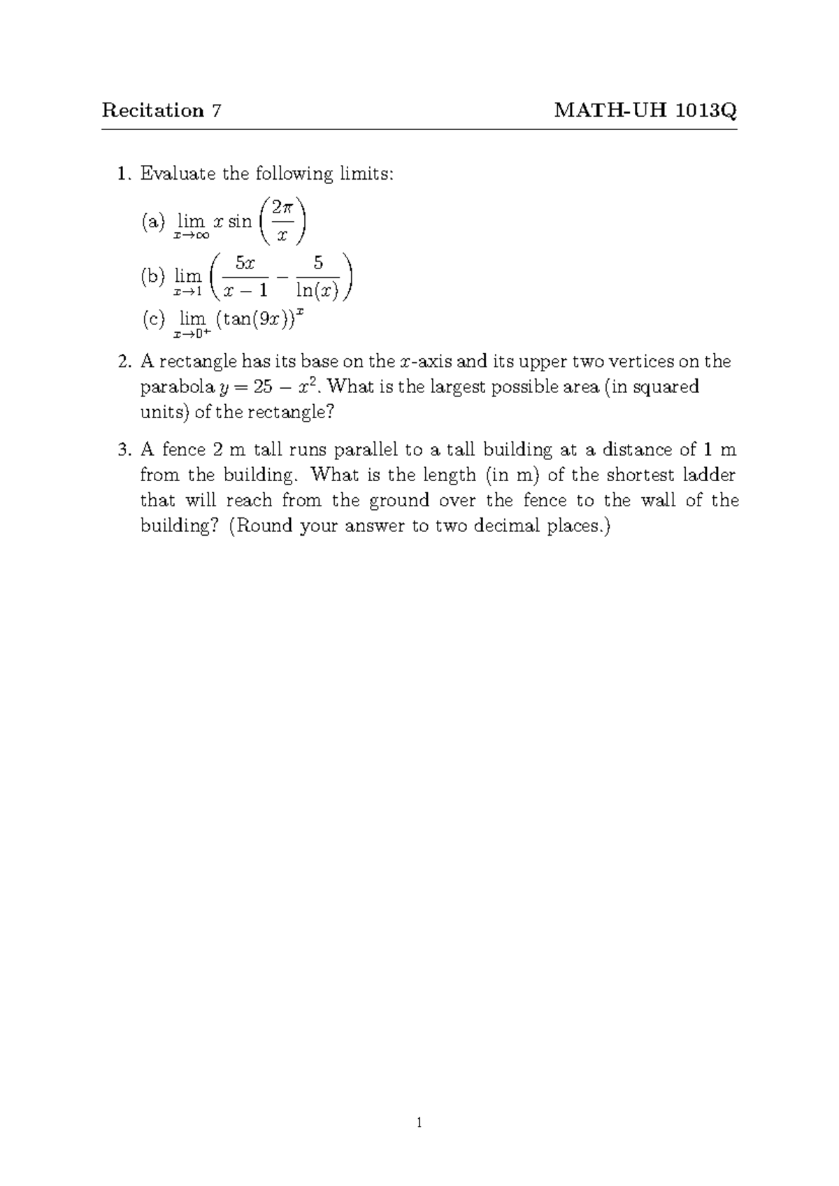 Recitation 7 - practice - Recitation 7 MATH-UH 1013Q Evaluate the ...