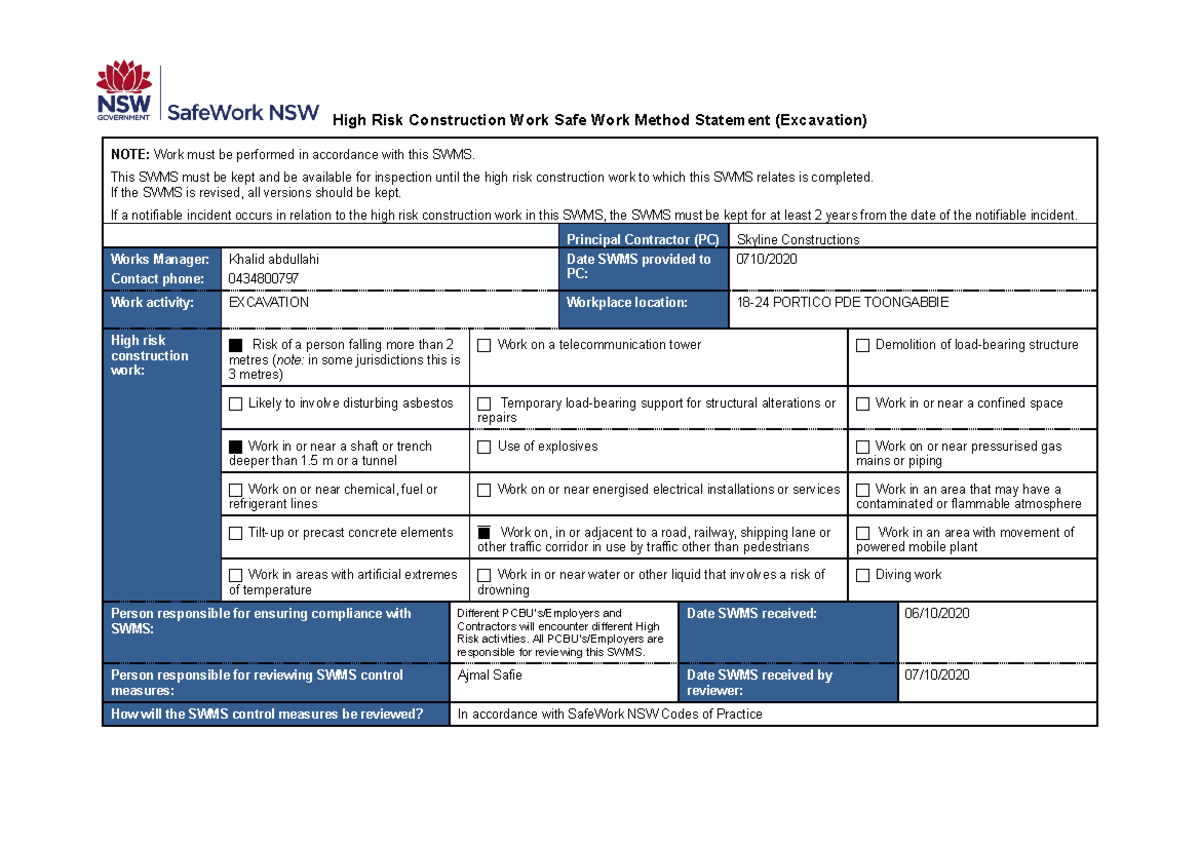 Cip whs - assignment 1 - High Risk Construction Work Safe Work Method ...