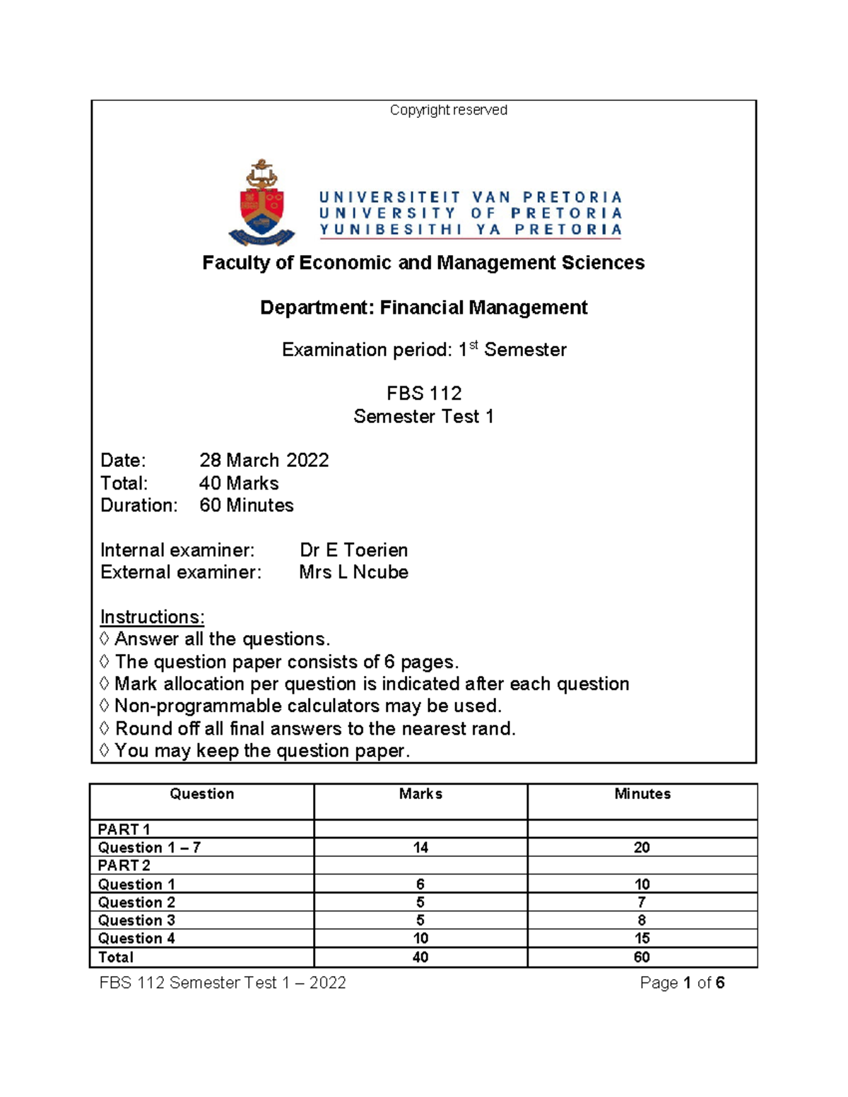 FBS 112 Semester Test 1 2022 - Copyright reserved Faculty of Economic ...