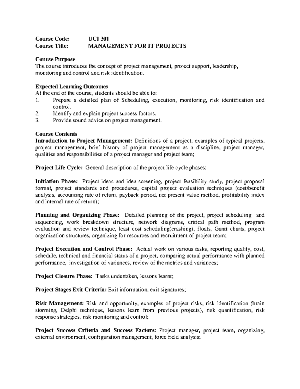 Management OF IT Projects Course Outline - Course Code: UCI 301 Course ...