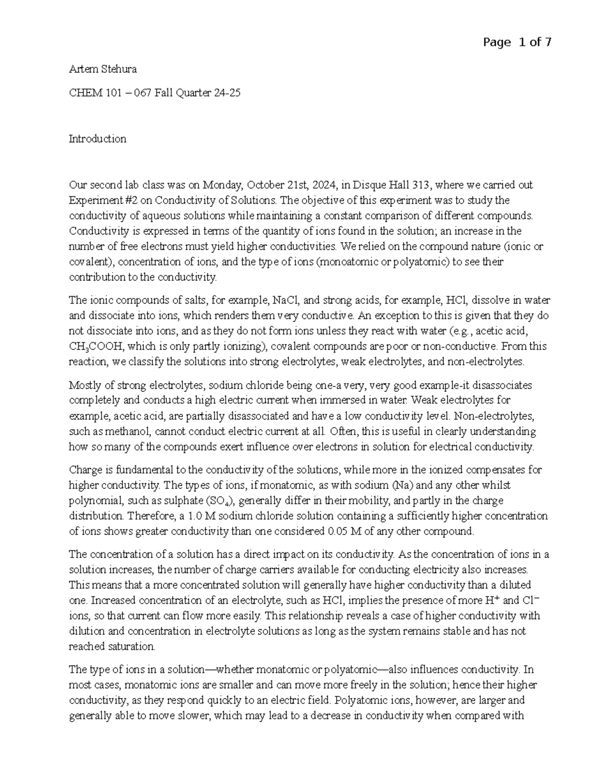 Lab Report #2 Conductivity - Artem Stehura CHEM 101 – 067 Fall Quarter ...
