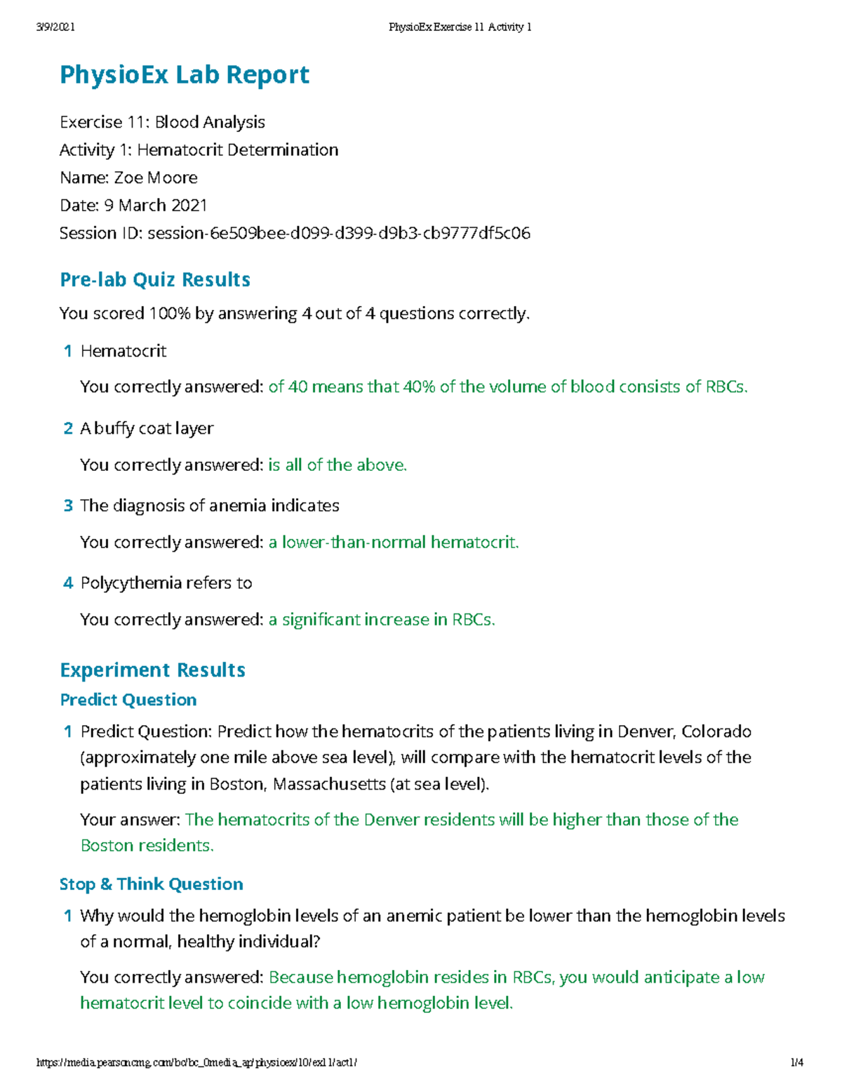 Moore Zoe Physio Ex Exercise 11 Activity 1 - PhysioEx Lab Report Exercise 11: Blood Analysis ...