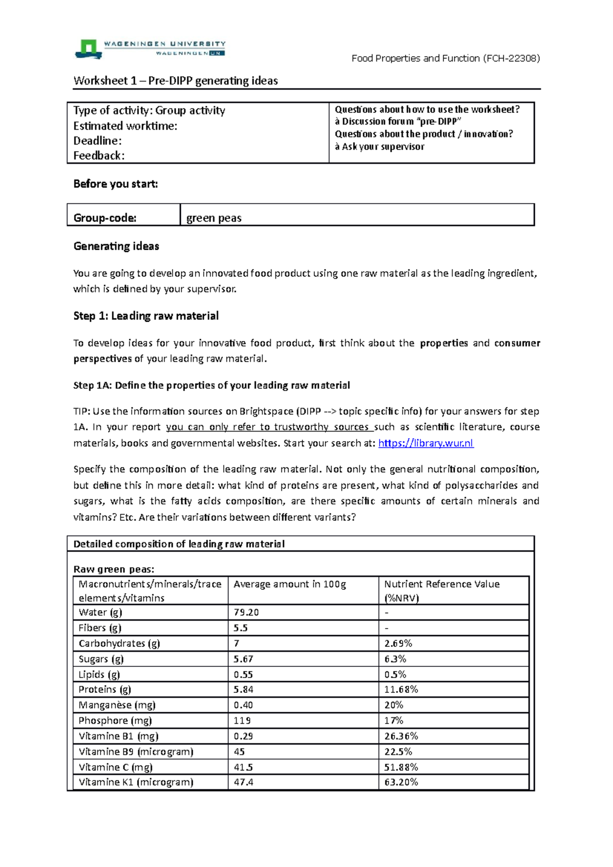 FCH22308 DIPP Worksheet 1 generating ideas - Worksheet 1 – Pre-DIPP generating ideas Type of ...