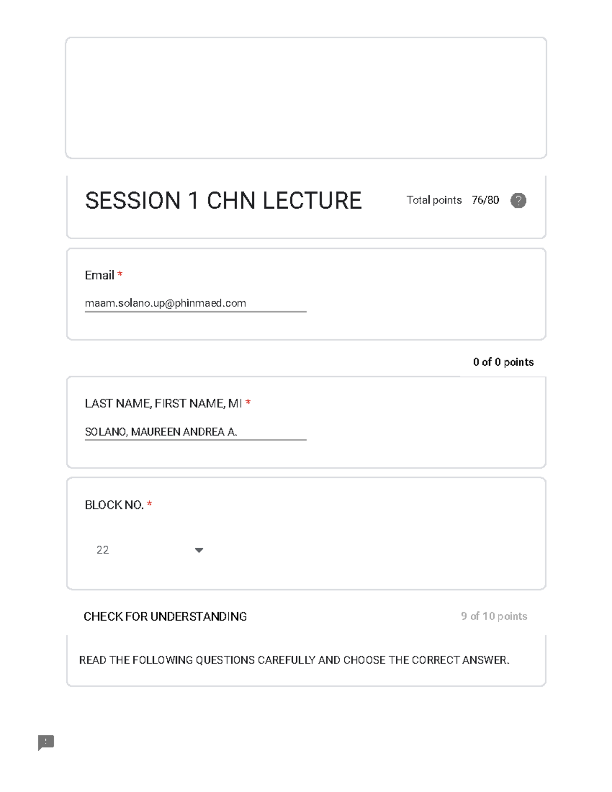 CHN Lecture- CFU - review - Email * maam.solano@phinmaed 0 of 0 points SOLANO, MAUREEN ANDREA A ...