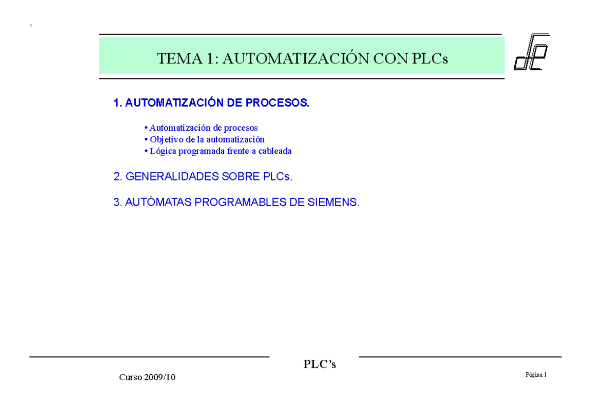 Apunte 1plcjoya Introducción A Controles Lógicos Programables Plcs Tema 1 AutomatizaciÓn