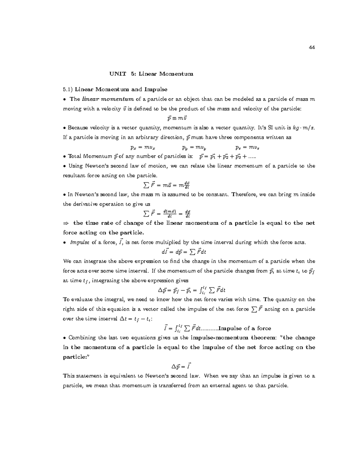 Phys 1011 linear momentum notes - UNIT 5 : Linear Momentum Linear ...