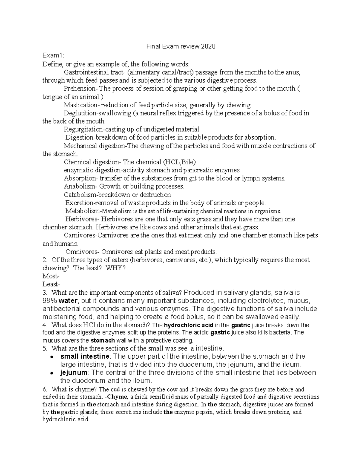 Ansc Final 2021 - Final Exam review 2020 Exam1: Define, or give an ...