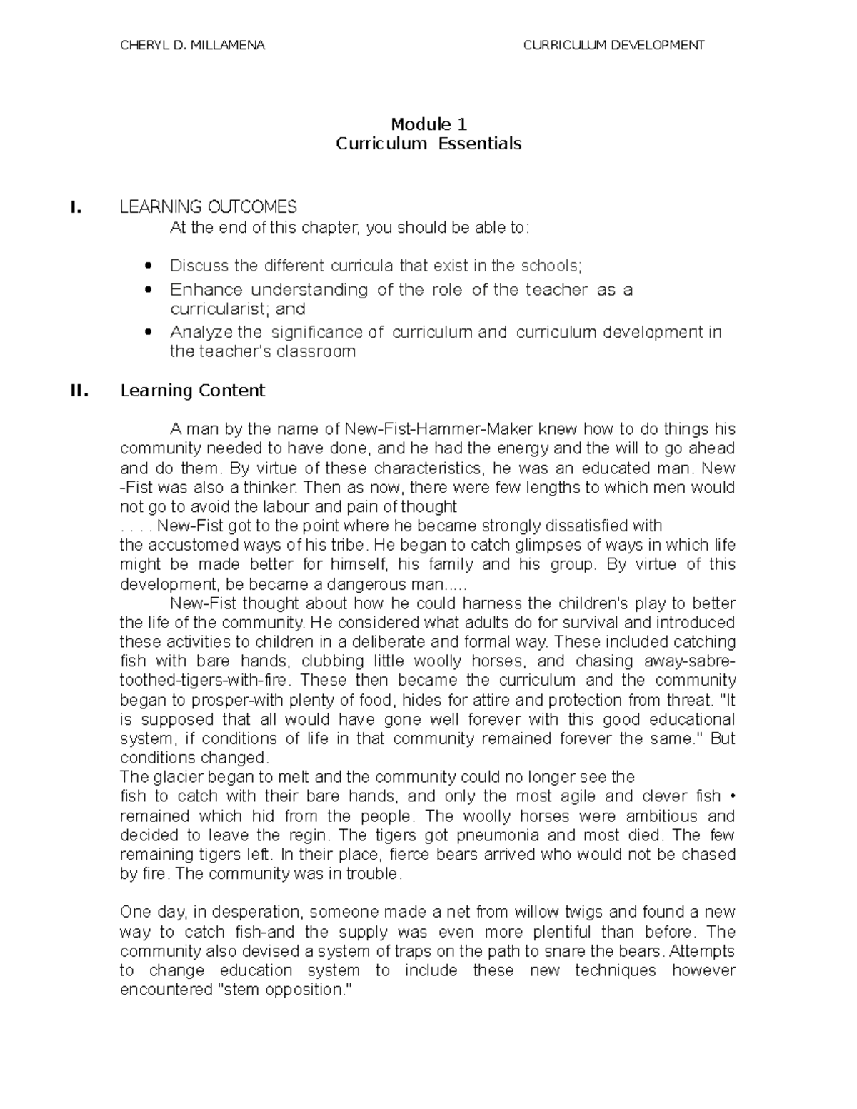 Module 1, lessons proper - Module 1 Curriculum Essentials I. LEARNING ...