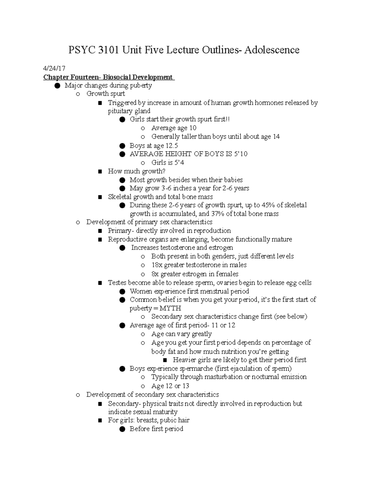 Developmental Psych Unit 5 - PSYC 3101 Unit Five Lecture Outlines ...