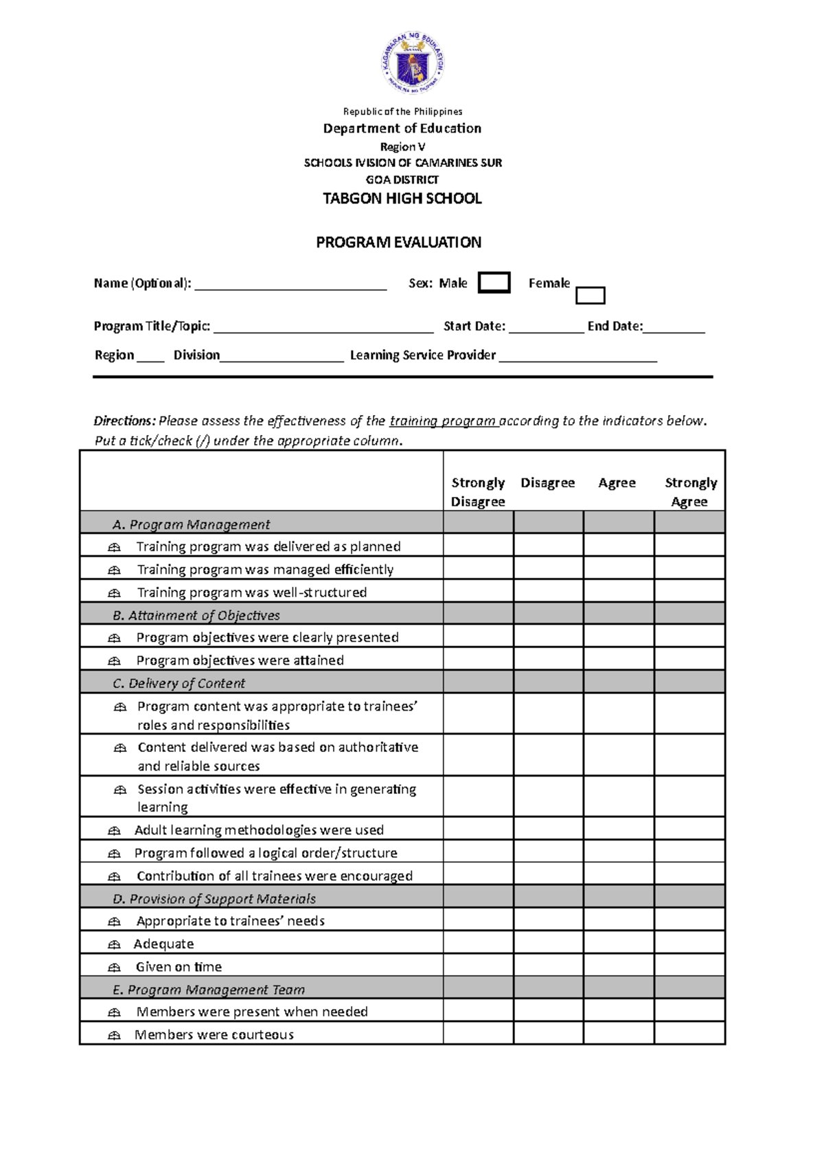 Program Evaluation Inset 2022 - Republic of the Philippines Department of Education Region V ...
