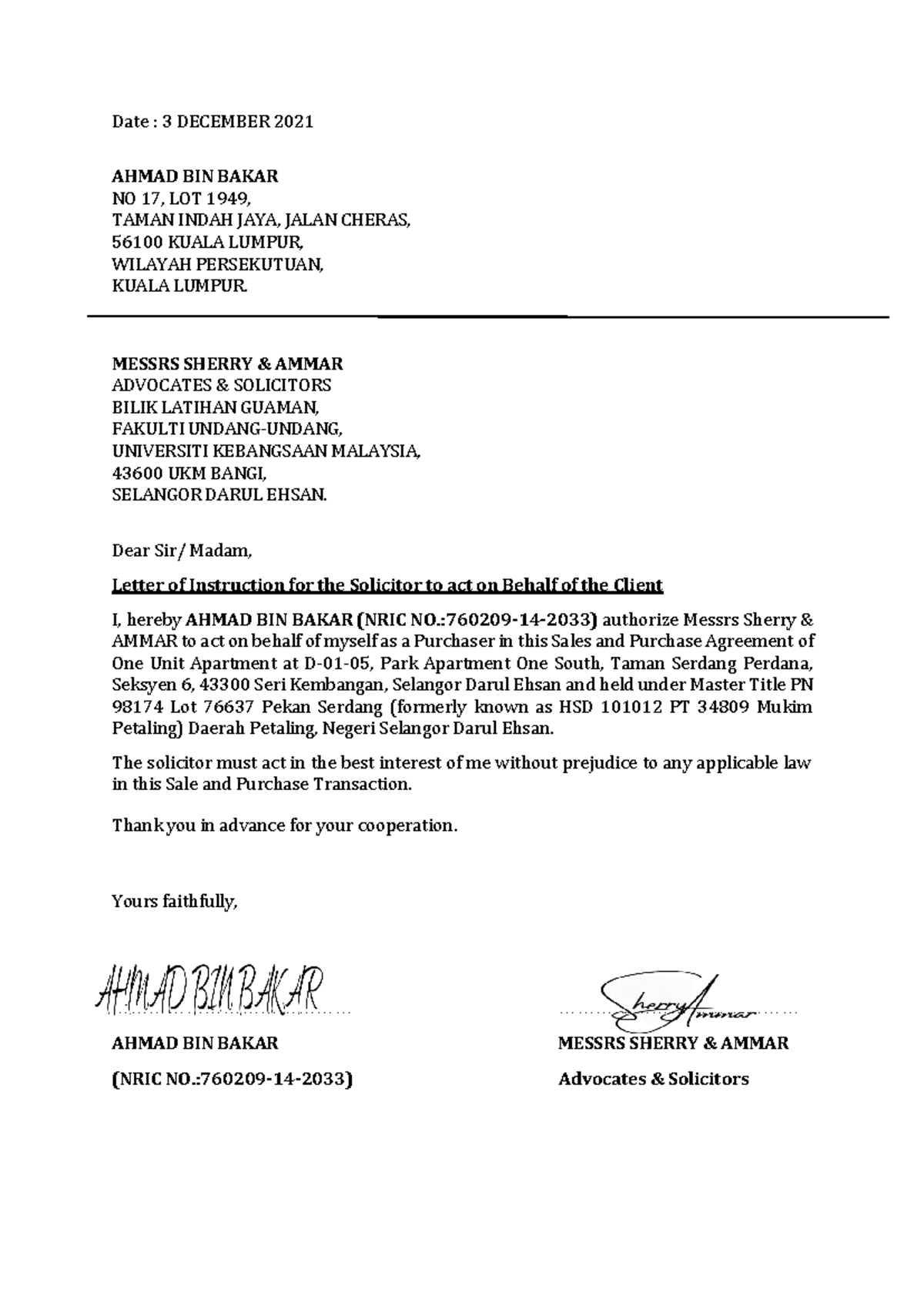 1. Letter - Letter of Authorisation by Ahmad - Date : 3 DECEMBER 2021 ...