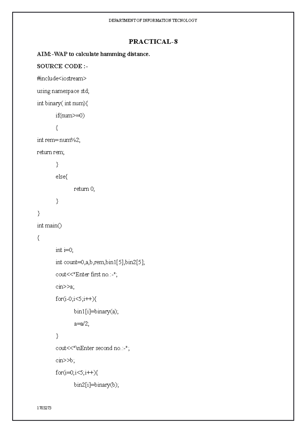 Computer Networks - uyhjmn - PRACTICAL- AIM:-WAP to calculate hamming ...
