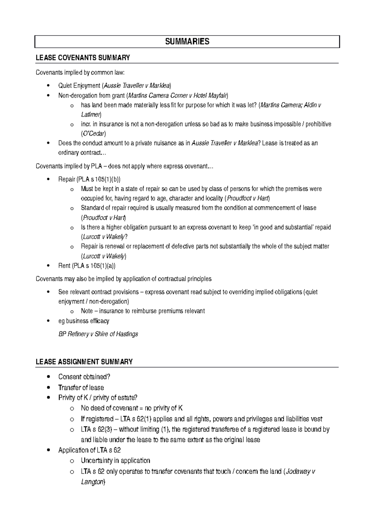 Leases - SUMMARIES LEASE COVENANTS SUMMARY Covenants implied by common ...
