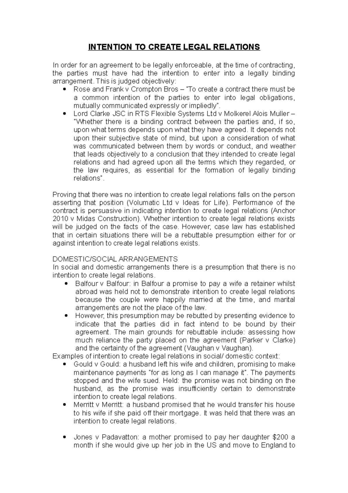 Intention to create legal relations - revision booklet 3 - INTENTION TO ...