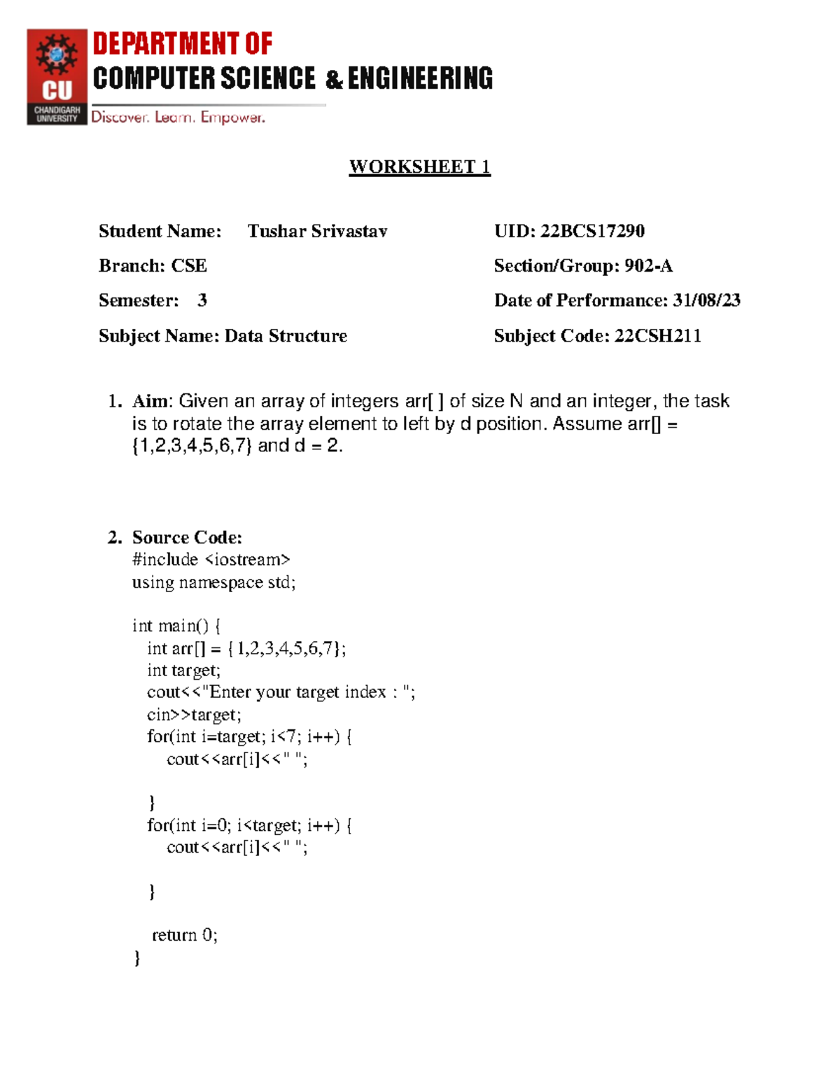 DSA Tushar - DEPARTMENT OF COMPUTER SCIENCE & ENGINEERING WORKSHEET 1 Student Name: Tushar - Studocu