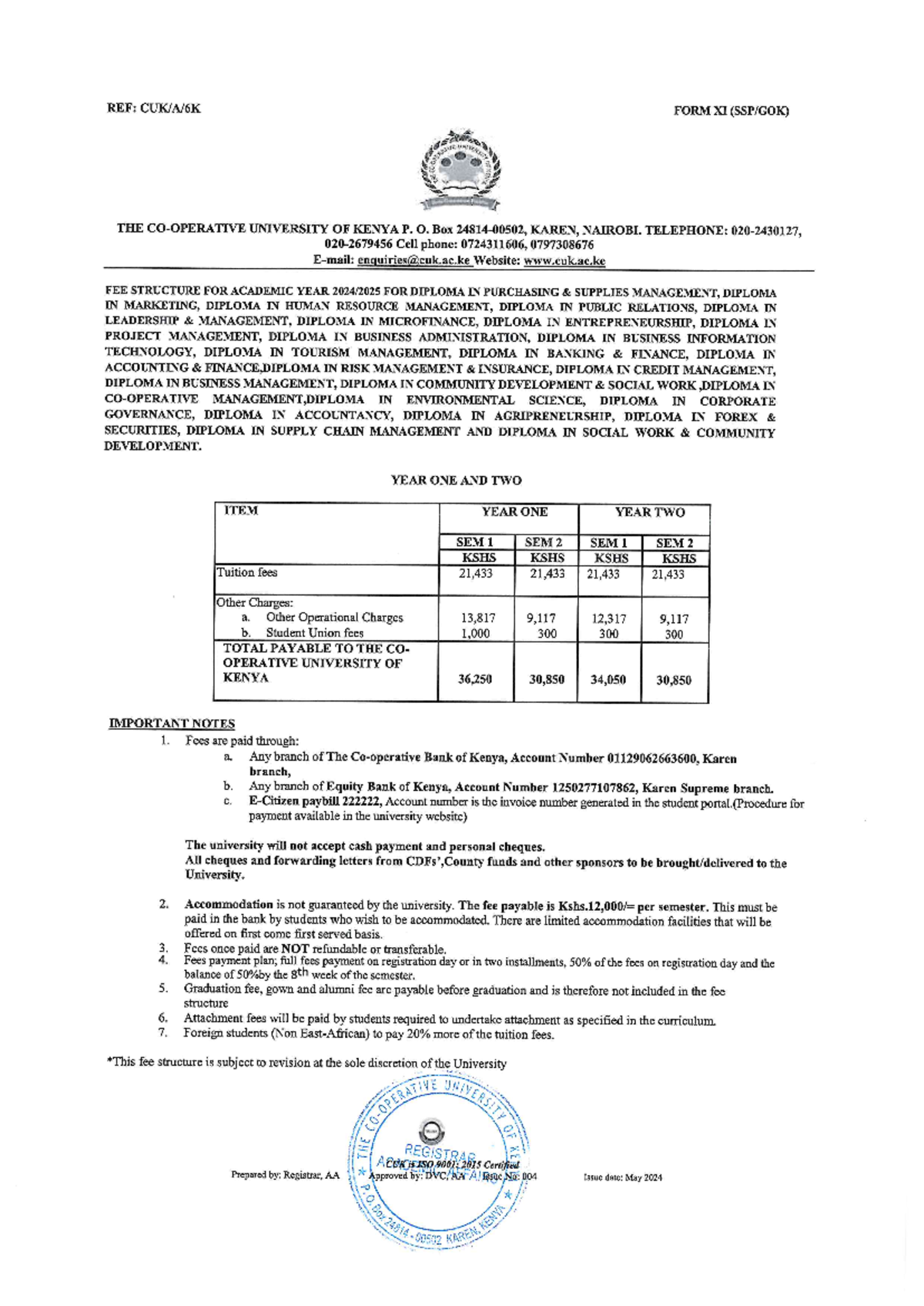 Fee-structure-Diploma - REF: FORM XI THE UNIVERSITY OF KENYA P. O. Box ...