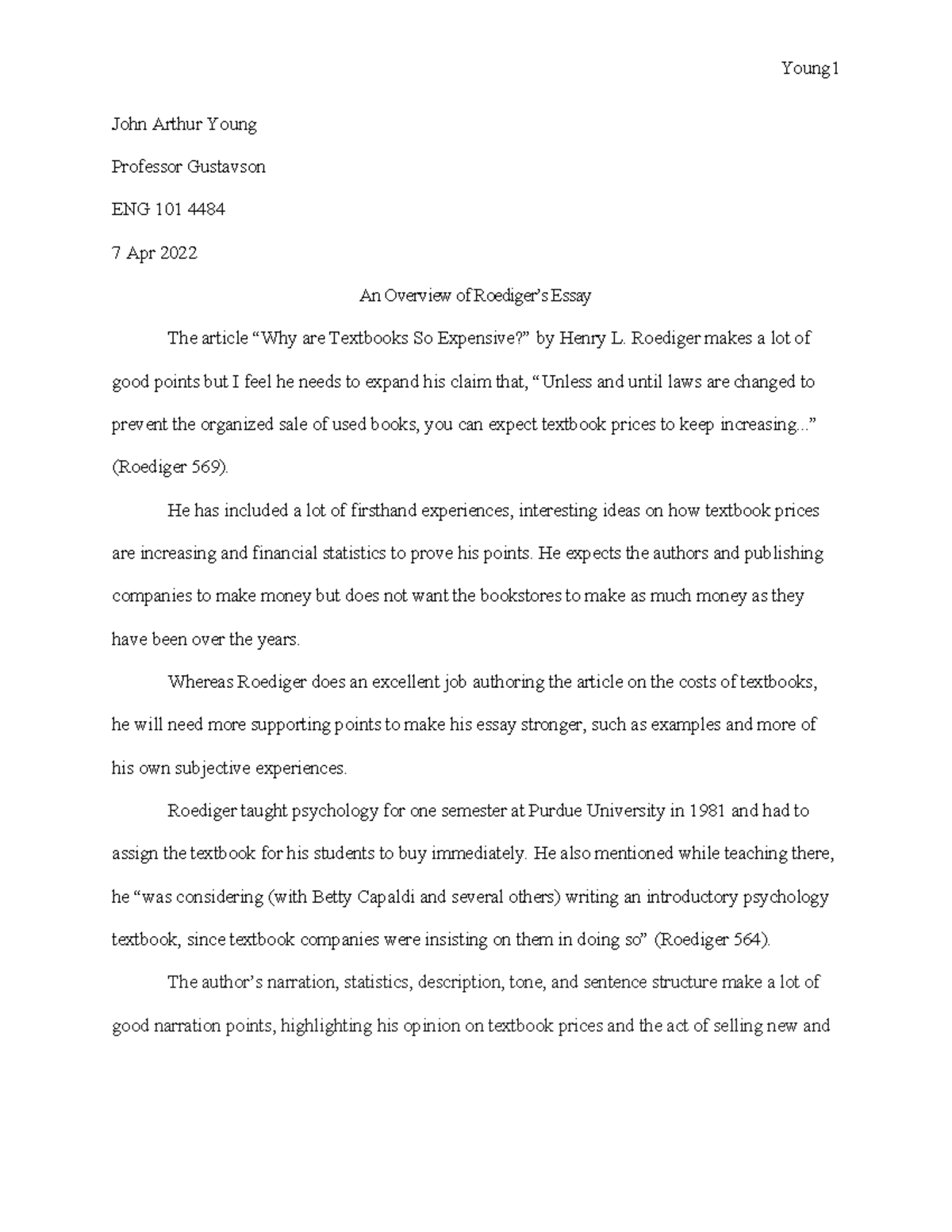 Expansion Essay - N/A - Young 1 John Arthur Young Professor Gustavson ...