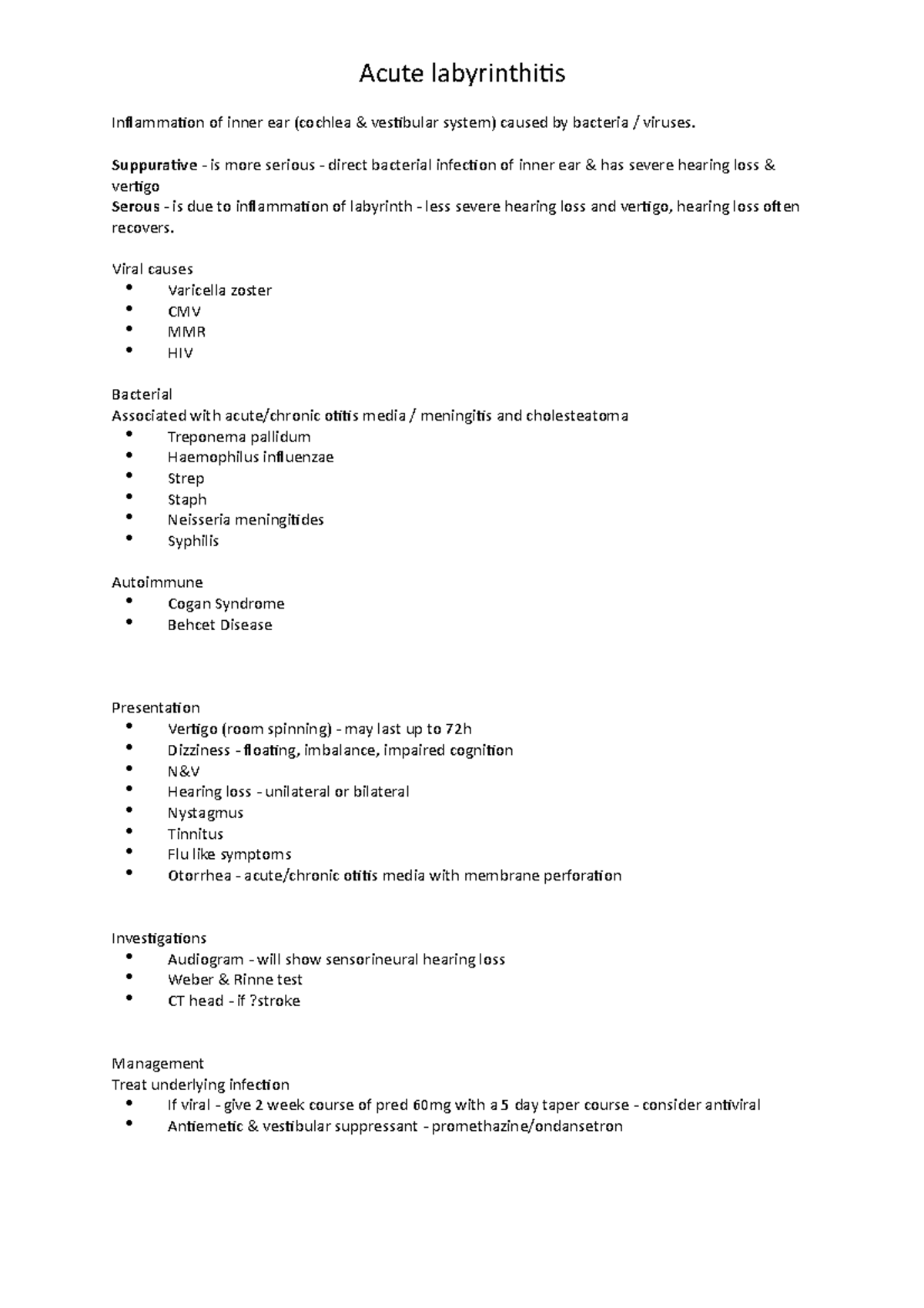 Acute labyrinthitis - Lecture notes 1 - Acute labyrinthitis ...